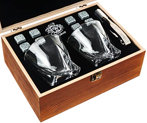 𝗕𝗘𝗦𝗧 𝗚𝗜𝗙𝗧: Fathers Day Dad Gifts For Men - Whiskey Glass Set of 2 - Bourbon Whiskey Stones Wood Box Gift Set - Includes Crystal Whisky Glasses, Chilling Rocks, Slate Coasters for Scotch Burbon