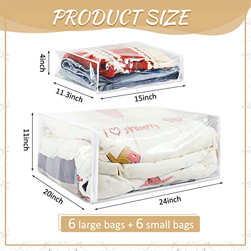 12 Pcs Clear Plastic Zippered Storage Bags Sweater Storage Bags with Zipper Vinyl Clothes comforter Sheet Storage Bag for Closet Blanket Clothing Bedding, 2 Sizes, 24 x 20 x 11 Inch, 15 x 11 x 4 Inch