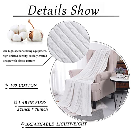 Cable Knit Throw Blanket for Couch Chair Beach Sofa, Soft Warm Home Decorative Lightweight Blanket, White 51 x 70 Inch