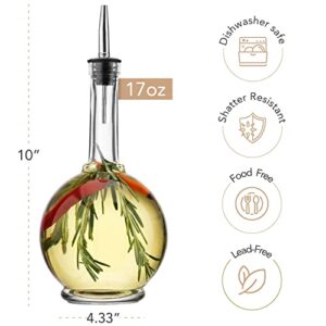 MosJos Oil Bottle for Kitchen (Set of 2) 17oz Round Glass Olive Oil Dispenser with Stainless Steel Spout - Cooking Oil Pourer Dishwasher-friendly