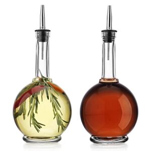 MosJos Oil Bottle for Kitchen (Set of 2) 17oz Round Glass Olive Oil Dispenser with Stainless Steel Spout - Cooking Oil Pourer Dishwasher-friendly