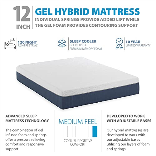 Blissful Nights e4 Premium Adjustable Bed Frame and 12-Inch Hybrid Gel Infused Memory Foam Mattress Combo Set with Massage, Anti-Snore and Zero Gravity Modes, Medium Soft (Queen)