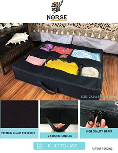 Norse 2 in 1 Large Underbed Storage Bags Organizer Container 2 Sturdy Zippers, Blankets Clothes Comforters Foldable Storage Bags with Clear Window (SET OF 2 : 2-in-1 Under bed Organizer, Black)