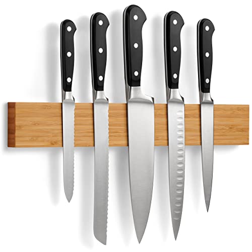 LARHN Magnetic Knife Holder for Wall with Extra Strong Magnet - 16 Inch - Knife Magnetic Strip in Bamboo for Knives, Utensils and Tools