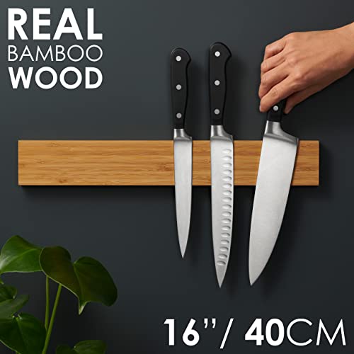 LARHN Magnetic Knife Holder for Wall with Extra Strong Magnet - 16 Inch - Knife Magnetic Strip in Bamboo for Knives, Utensils and Tools