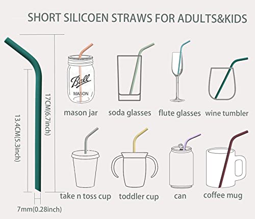 Tegion Reusable Thin Short 6.7" Cute Silicone Bendy Straws for Toddlers&Kids&Baby,6 10 12 oz Wine/Yeti Tumbler, Coffee/Cocktail Mug,Soda Cans,Take n toss Cup/BPA FREE-Small Flexible with Brushes