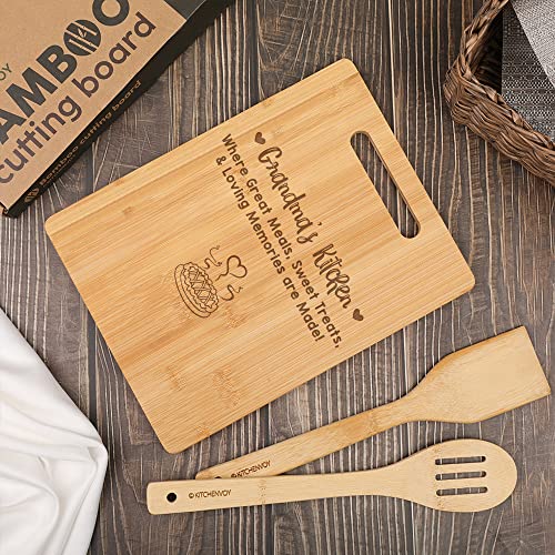 KITCHENVOY Grandma's Kitchen Bamboo Cutting Board - Birthday Gifts for Grandma from Grandchildren - Mothers Day Gifts for Grandmother, Best Grandma Cutting Board, Nanas Kitchen Board with Utensil