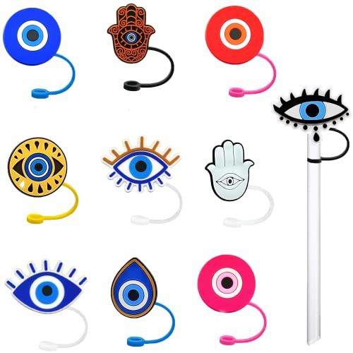 Silicone Evil Eye Straw Covers Cap 10 Pcs Reusable Drinking Straw Tips Lids Cute Straw Topper Dust-Proof Straw Plugs for 1/4inch(6-8mm) Straw Tips For Outdoor Home Kitchen Party Decor (Evil Eye)