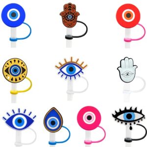 Silicone Evil Eye Straw Covers Cap 10 Pcs Reusable Drinking Straw Tips Lids Cute Straw Topper Dust-Proof Straw Plugs for 1/4inch(6-8mm) Straw Tips For Outdoor Home Kitchen Party Decor (Evil Eye)