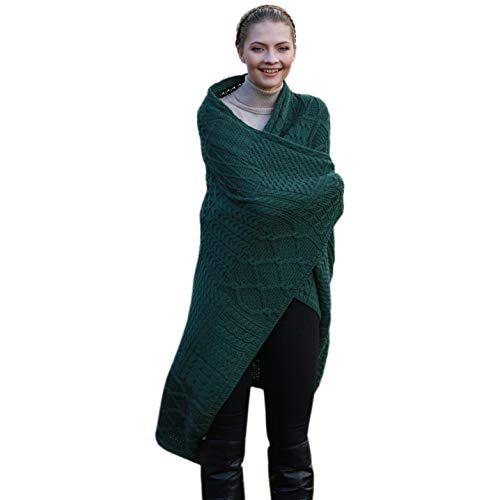 Irish Aran Wool Throw Blanket, Green