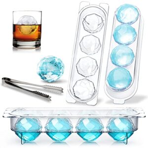 combler ice molds, ice cube tray for freezer, 2 inch large ice cube molds for cocktails whiskey bourbon, diamond ice ball maker mold, round ice cube mold set of 2, with tong & storage bag gifts