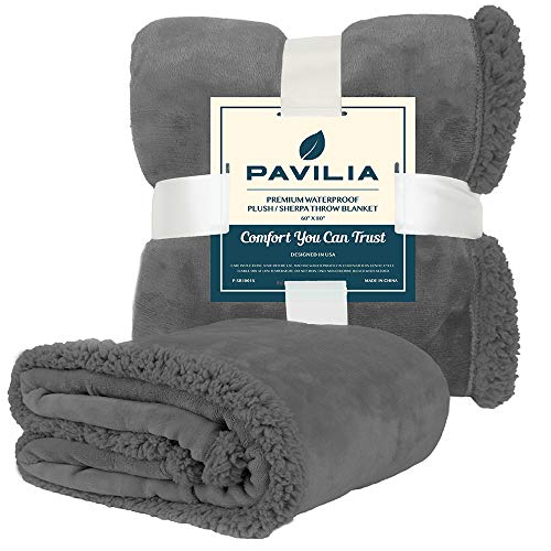 PAVILIA Waterproof Blanket for Couch, Sofa | Waterproof Dog Blanket for Large Dog, Puppy, Cat | Pet Blanket Protector | Plush Soft Warm Fuzzy Sherpa Blanket Bed Throw, Dark Grey, 60x80