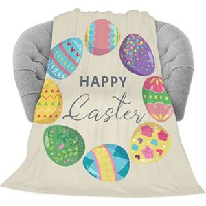 FJPT Happy Easter Colorful Eggs Throw Blanket Flannel Fleece Spring Cute Blankets Soft Cozy Fuzzy Warm for Living Room Sofa Couch Bedroom (50" x 60")