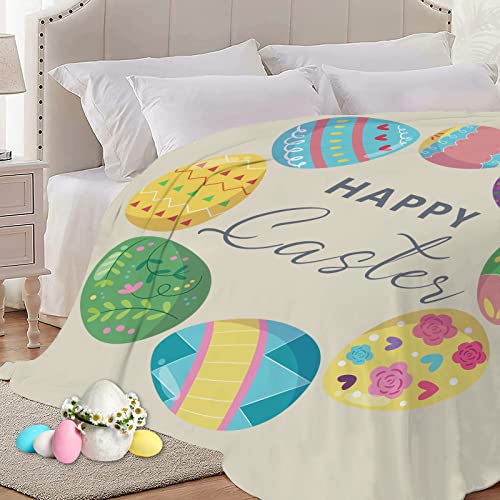 FJPT Happy Easter Colorful Eggs Throw Blanket Flannel Fleece Spring Cute Blankets Soft Cozy Fuzzy Warm for Living Room Sofa Couch Bedroom (50" x 60")