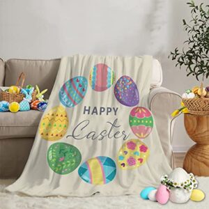 FJPT Happy Easter Colorful Eggs Throw Blanket Flannel Fleece Spring Cute Blankets Soft Cozy Fuzzy Warm for Living Room Sofa Couch Bedroom (50" x 60")