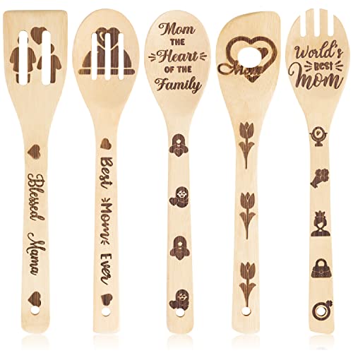 Eartim 5Pcs Mothers Day Wooden Spoons Utensils Set, Non-Stick Cooking Utensils Carve Burned Bamboo Spoons Spatula Kitchen Cookware Gadget Decor Kit Mothers Day Mom Birthday Fun Gift Idea