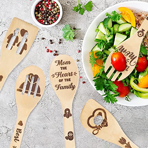 Eartim 5Pcs Mothers Day Wooden Spoons Utensils Set, Non-Stick Cooking Utensils Carve Burned Bamboo Spoons Spatula Kitchen Cookware Gadget Decor Kit Mothers Day Mom Birthday Fun Gift Idea