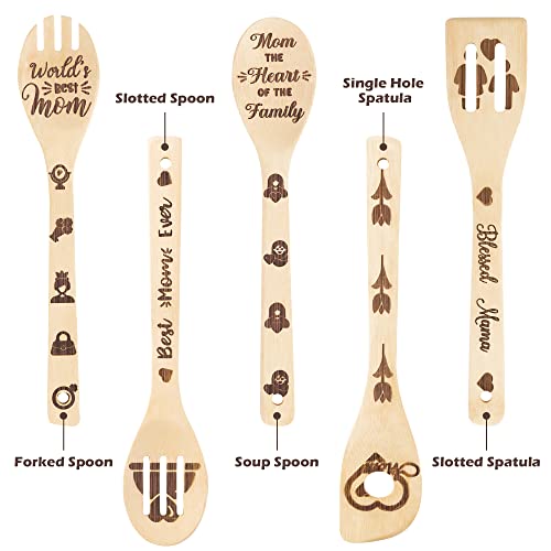 Eartim 5Pcs Mothers Day Wooden Spoons Utensils Set, Non-Stick Cooking Utensils Carve Burned Bamboo Spoons Spatula Kitchen Cookware Gadget Decor Kit Mothers Day Mom Birthday Fun Gift Idea