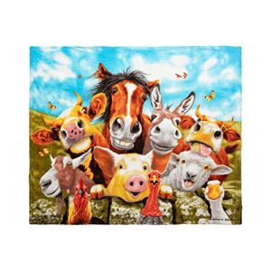 dawhud direct cartoon selfie farm animals fleece blanket for bed, 50" x 60" farm animal fleece throw blanket for women, men and kids - super soft plush horse blanket throw