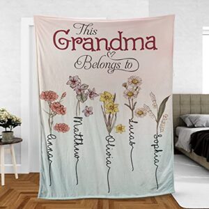 this grandma belongs to personalized blanket, custom birth month flower with kids ideas for mom grandma mimi nana, made from fleece sherpa, 30x40 50x60 60x80 inches