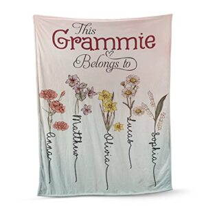 This Grandma Belongs to Personalized Blanket, Custom Birth Month Flower with Kids Ideas for Mom Grandma Mimi Nana, Made from Fleece Sherpa, 30x40 50x60 60x80 Inches