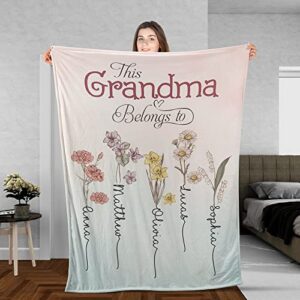 This Grandma Belongs to Personalized Blanket, Custom Birth Month Flower with Kids Ideas for Mom Grandma Mimi Nana, Made from Fleece Sherpa, 30x40 50x60 60x80 Inches