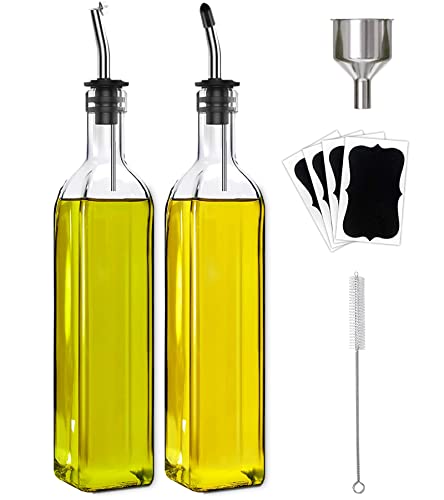 Leaflai Olive Oil Dispenser Bottle, 2 Pcs Glass Olive Oil Dispenser and Vinegar Dispenser Set with 4 Labels,1 Brush and 1 Funnel Oil Bottles for Kitchen (500ml)