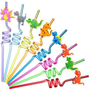 24 pieces reusable dinosaur straws plastic dinosaur straws for kids safari jungle dinosaur theme straws for dinosaur party decoration supplies birthday party favors, 8 styles