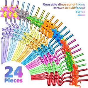 24 Pieces Reusable Dinosaur Straws Plastic Dinosaur Straws for Kids Safari Jungle Dinosaur Theme Straws for Dinosaur Party Decoration Supplies Birthday Party Favors, 8 Styles