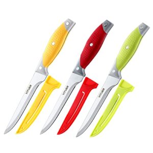 vituer boning knife, 6pcs fillet knives (3pcs filet knife and 3pcs knife cover), 6 inch curved boning knife for meat, fish, poultry, cutting, trimming, german steel, pp handle