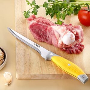 VITUER Boning Knife, 6PCS Fillet Knives (3PCS Filet Knife and 3PCS Knife Cover), 6 Inch Curved Boning Knife for Meat, Fish, Poultry, Cutting, Trimming, German Steel, PP Handle