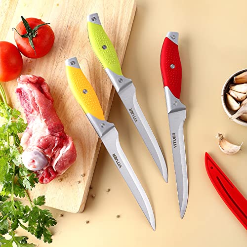 VITUER Boning Knife, 6PCS Fillet Knives (3PCS Filet Knife and 3PCS Knife Cover), 6 Inch Curved Boning Knife for Meat, Fish, Poultry, Cutting, Trimming, German Steel, PP Handle