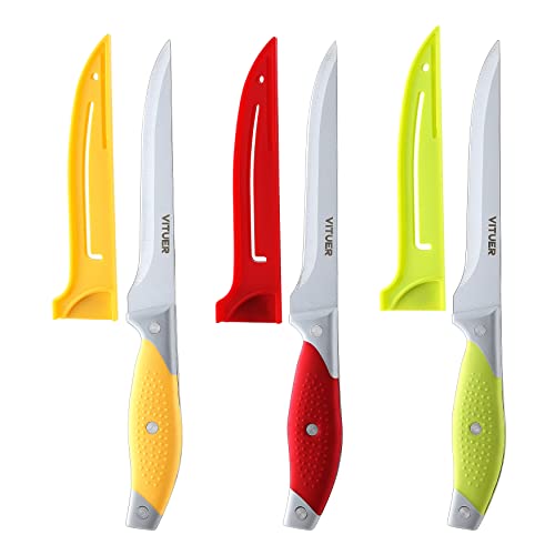 VITUER Boning Knife, 6PCS Fillet Knives (3PCS Filet Knife and 3PCS Knife Cover), 6 Inch Curved Boning Knife for Meat, Fish, Poultry, Cutting, Trimming, German Steel, PP Handle