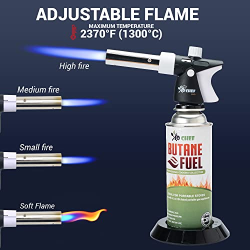 Jo Chef Pro Butane Torch Lighter - Refillable Butane Torch Head, Small Butane Torch with Safety Lock & Adjustable Flame - Culinary Blow Torch, Creme Brulee Torch, Baking, Included 1 Butane Canister