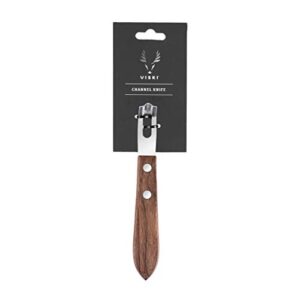 viski channel knife, cocktail garnish citrus zester, walnut wood & stainless steel bar tool with rivets, set of 1, brown