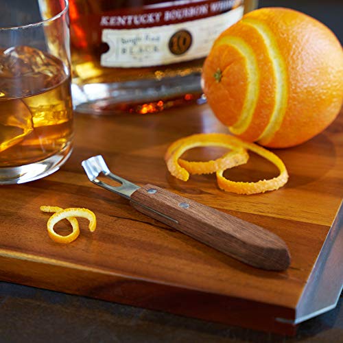 Viski Channel Knife, Cocktail Garnish Citrus Zester, Walnut Wood & Stainless Steel Bar Tool with Rivets, Set of 1, Brown