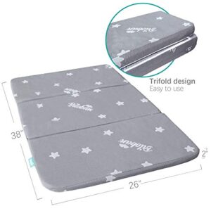 Waterproof Pack and Play Mattress Topper with 2 Pack Portable Carry Bag for Trifold Mattress to Travel, Gray