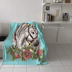 HERBED Fleece Blanket and Microfiber Soft Bed Throws Blanket 39×49inch Bohemian White Horse for Sofa Couch Decorative All Season Warm Living Room/Bedroom Lightweight Blankets