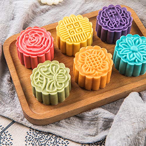 Moon Cake Mold 6 PCS, Mid Autumn Festival DIY Hand Press Cookie Stamps Pastry Tool Moon Cake Maker, Flower Mode Patterns 1 Mold 6 Stamps 50g (White).