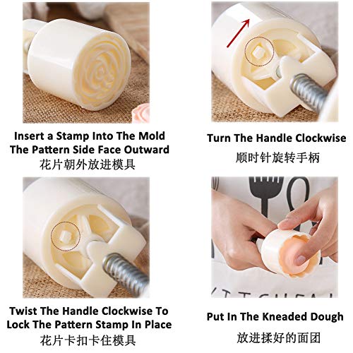 Moon Cake Mold 6 PCS, Mid Autumn Festival DIY Hand Press Cookie Stamps Pastry Tool Moon Cake Maker, Flower Mode Patterns 1 Mold 6 Stamps 50g (White).