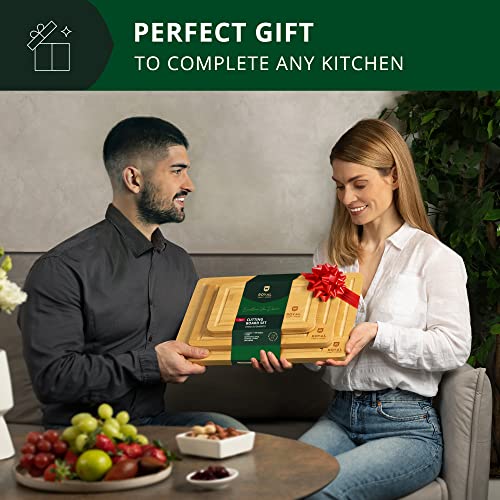 Wooden Cutting Boards for Kitchen Meal Prep & Serving - Bamboo Wood Cutting Board Set with Deep Juice Groove Side Handles - Charcuterie & Chopping Butcher Block for Meat - Kitchen Gadgets Gift (3 Pcs)