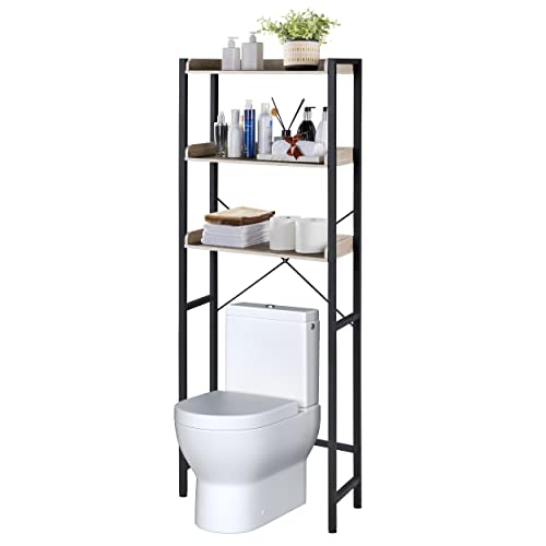 Topeakmart Bathroom Organizer,3-Tier Over The Toilet Storage Wooden Freestanding Bathroom Toilet Space Saving Rack with Metal Frame, 25" L x 10" W x 65" H, Easy Assembly, Gray