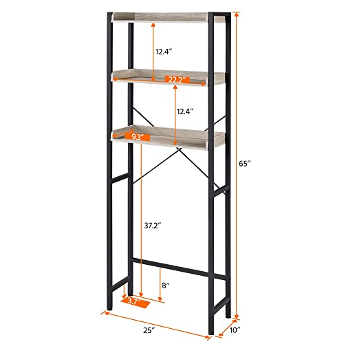 Topeakmart Bathroom Organizer,3-Tier Over The Toilet Storage Wooden Freestanding Bathroom Toilet Space Saving Rack with Metal Frame, 25" L x 10" W x 65" H, Easy Assembly, Gray