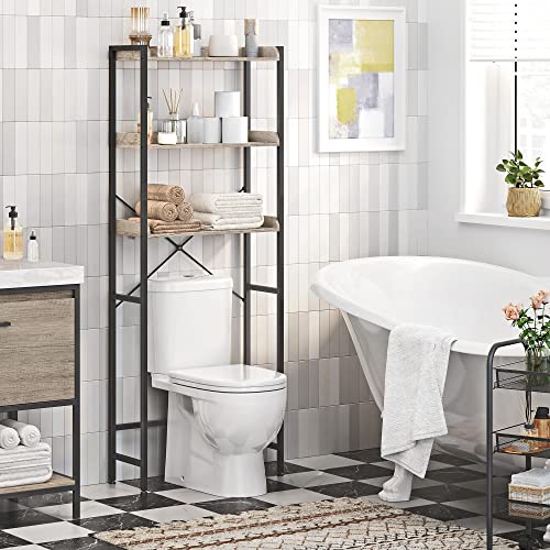 Topeakmart Bathroom Organizer,3-Tier Over The Toilet Storage Wooden Freestanding Bathroom Toilet Space Saving Rack with Metal Frame, 25" L x 10" W x 65" H, Easy Assembly, Gray