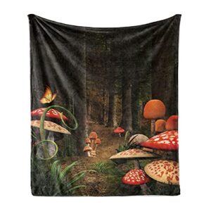 ambesonne mushroom soft flannel fleece throw blanket, mushrooms in deep dark forest fantasy nature theme earth path, cozy plush for indoor and outdoor use, 50" x 70", pomegranate green