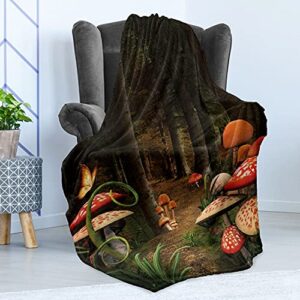 Ambesonne Mushroom Soft Flannel Fleece Throw Blanket, Mushrooms in Deep Dark Forest Fantasy Nature Theme Earth Path, Cozy Plush for Indoor and Outdoor Use, 50" x 70", Pomegranate Green