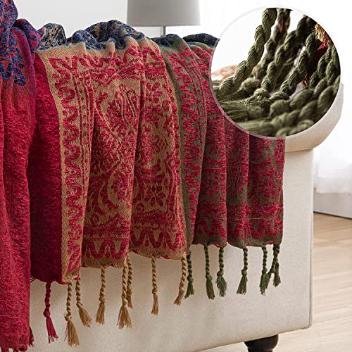 VEYING Boho Throw Blankets,Bohemian Bed Throws,Chenille Tassels Throw Blanket for Couch Sofa,Chair Bed，Hippie Room Decor,Hippie,Indian Throw Blankets (Red Navy Yellow 60x75)