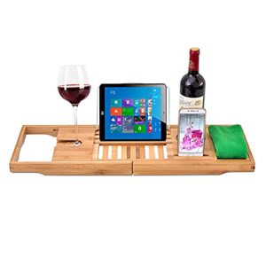 100% Natural Bamboo Bath Caddy Bridge – Extendable Bath Caddy Tray for Tub with ​Wine Glass Holder, Tablet, Kindle