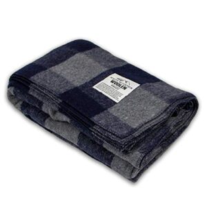 minus33 merino wool - white mountain woolen lodge twin blanket - warm throw blanket - picnic blanket - 80% recycled wool - 65w x 90l - gray and blue plaid