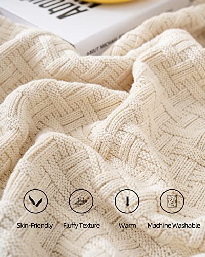 MsteaBenago Crochet Beige White Thick Knitted Blanket,100% Cotton Cable Knit Throw Blanket for Chair,Bed, Sofa & Living Room,Extra Cozy, Machine Washable, Home Decor,Weight:4.87lb.